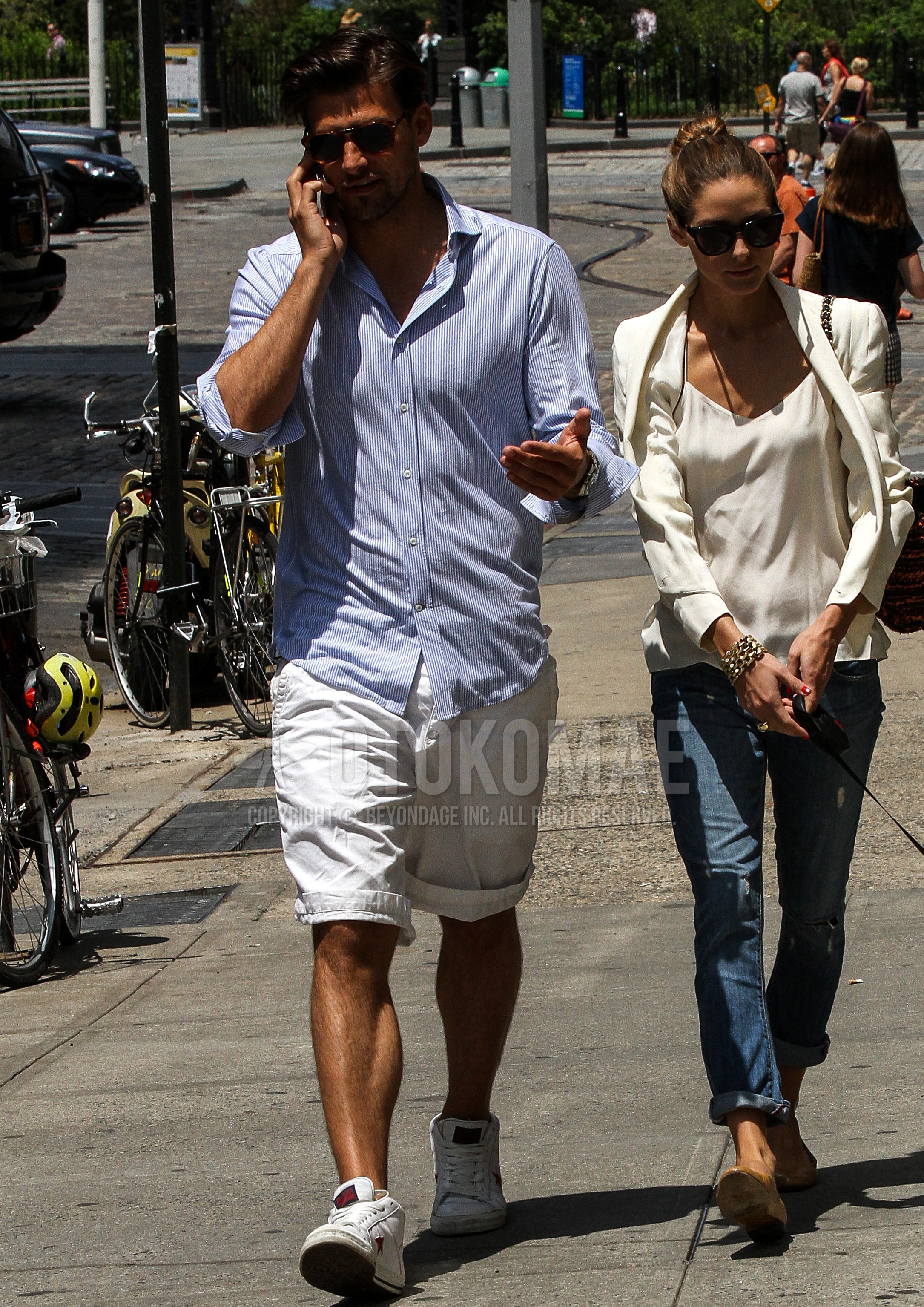 Men's summer outfit with brown tortoiseshell sunglasses, light blue stripes shirt, white plain ...
